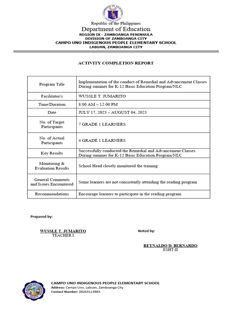 Activity Completion Report | PDF
