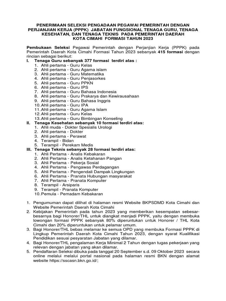 Resume Penerimaan PPPK Kota Cimahi Tahun 2023 | PDF