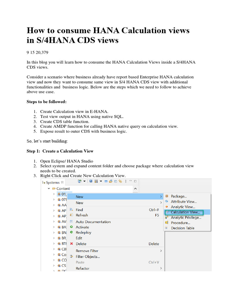 Sap Cds How To Consume Hana Calculation Views In S4hana Cds Views Fom Adso Bw Pdf