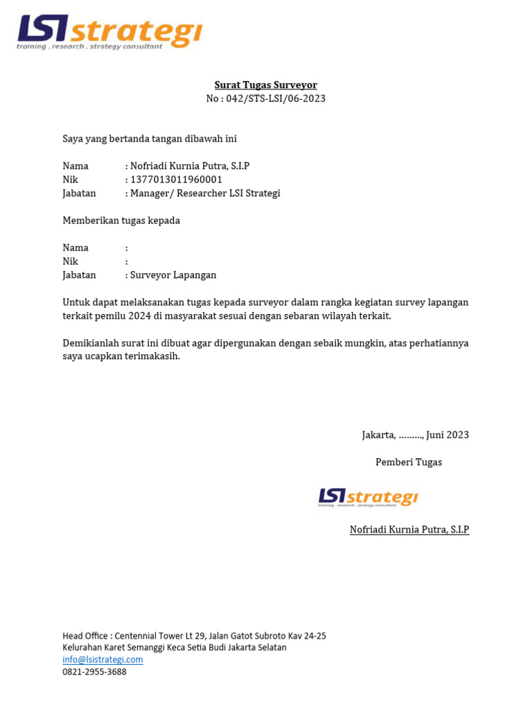 Surat Tugas Surveyor Lapangan Pemilu 2024 | PDF