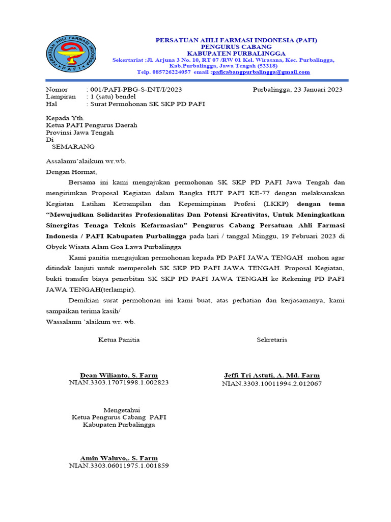 Surat - Pengajuan - SKP SK PD Pafi Jateng - LKKP Pafi PC Purbalingga 19 Februari 2023 | PDF
