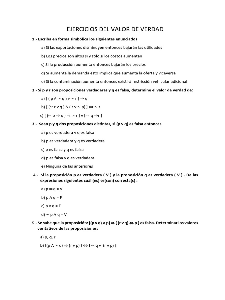 EJERCICIOS DEL VALOR DE VERDAD | PDF