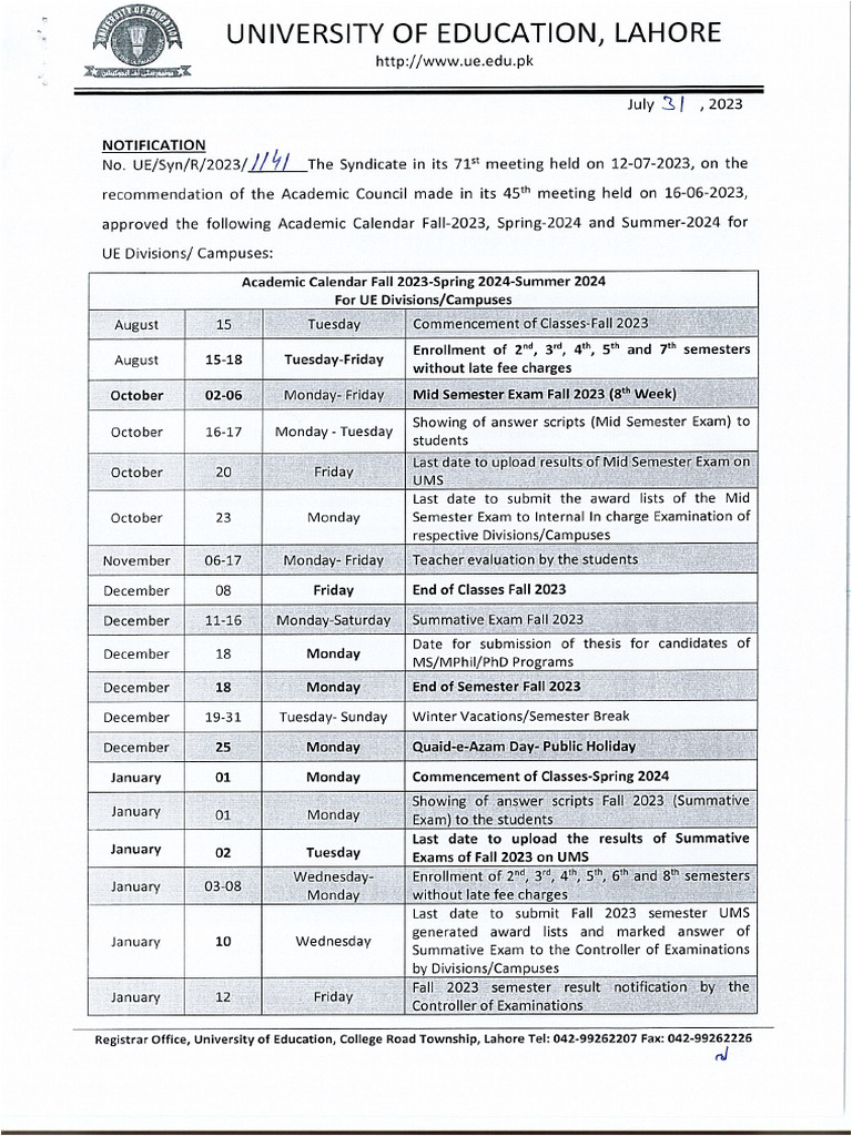 Notification Regarding Academic Calendar Fall 2023, Spring 2024 and Summer 2024 For UE Divisions ...
