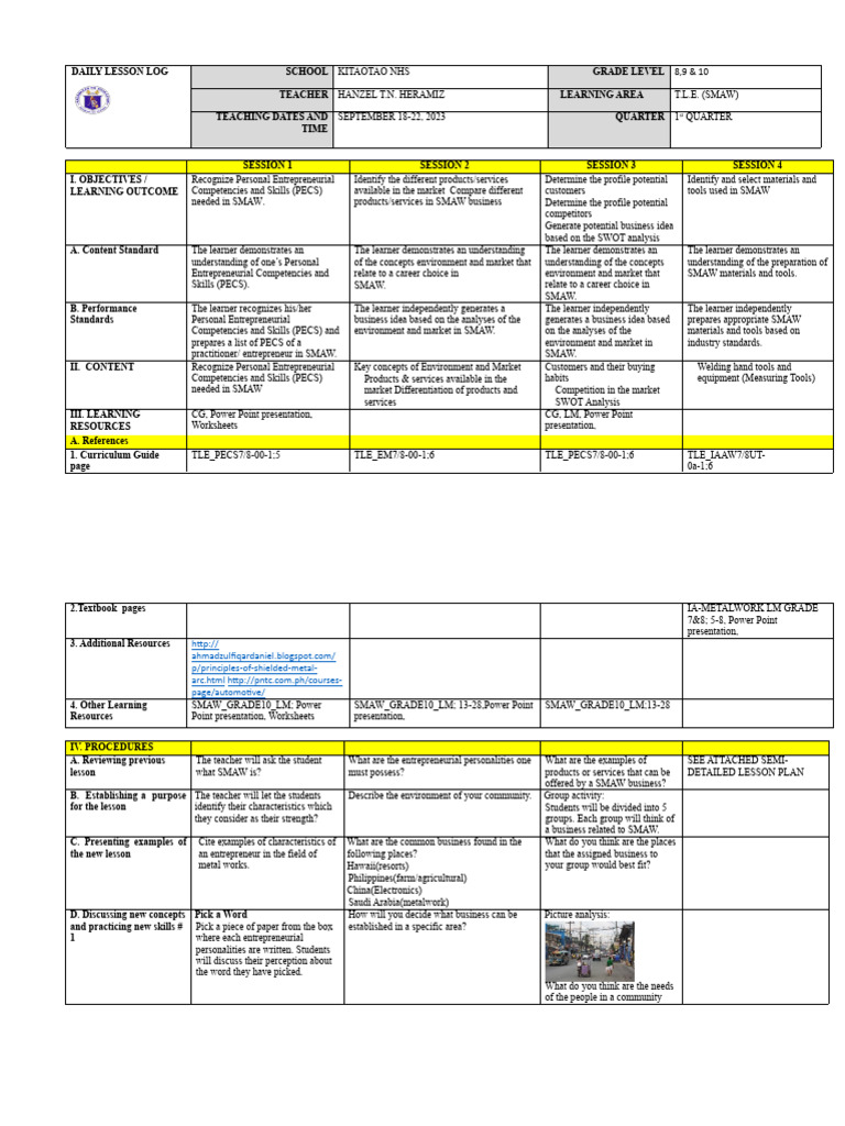 Daily Lesson Log for SMAW TLE Classes | PDF | Business