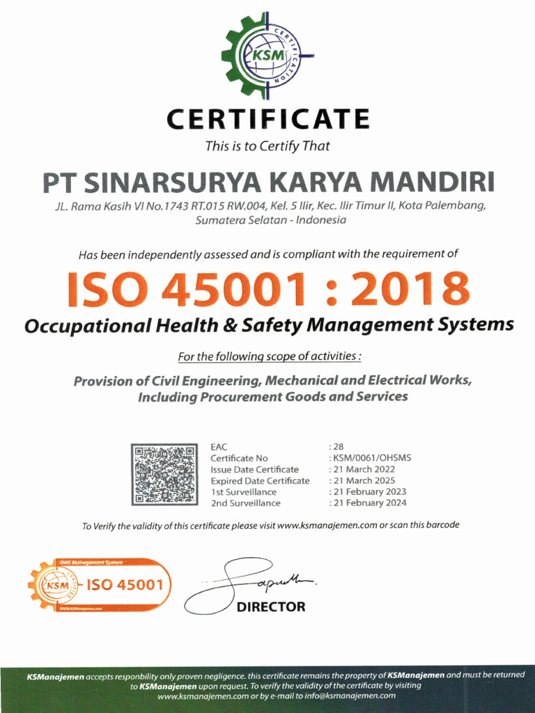 01044549-ISO 45001 2018 PT Sinarsurya Karya Mandiri Exp 21 Maret 2025 | PDF