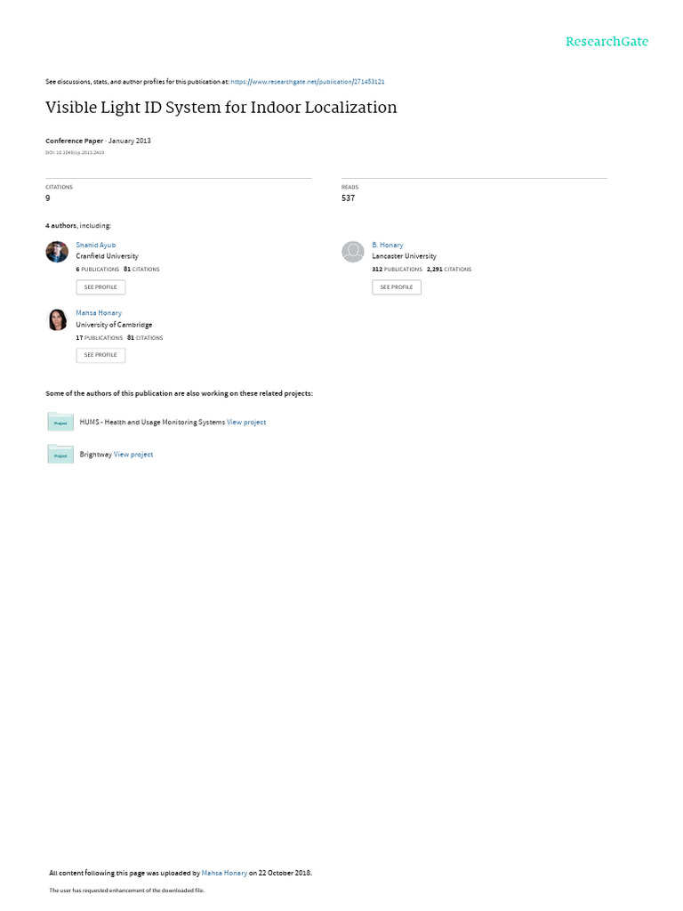 Visible Light ID System For Indoor Localization | PDF | Light Emitting Diode | Lighting