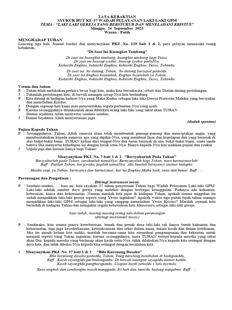 Tata Kebaktian Syukur Hut Ke-37 Laki-Laki GPM | PDF