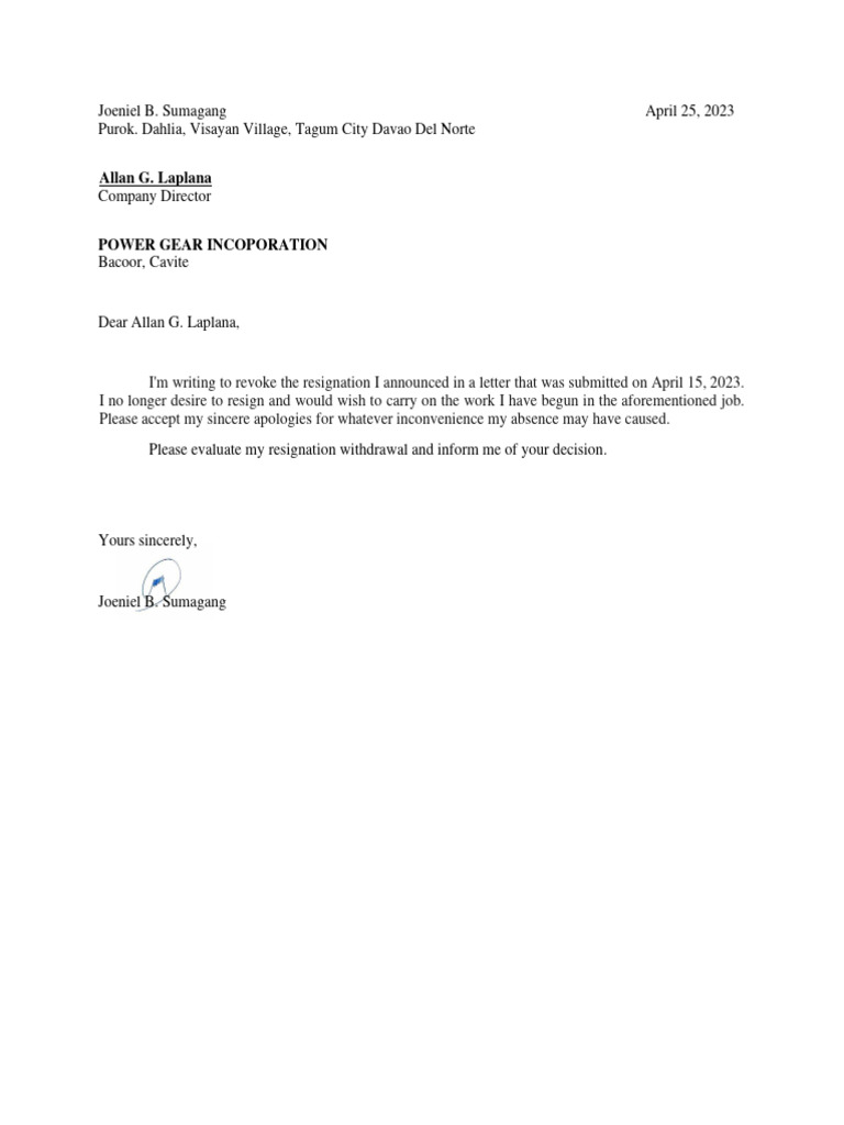 Resignation Cancellation Letter | PDF