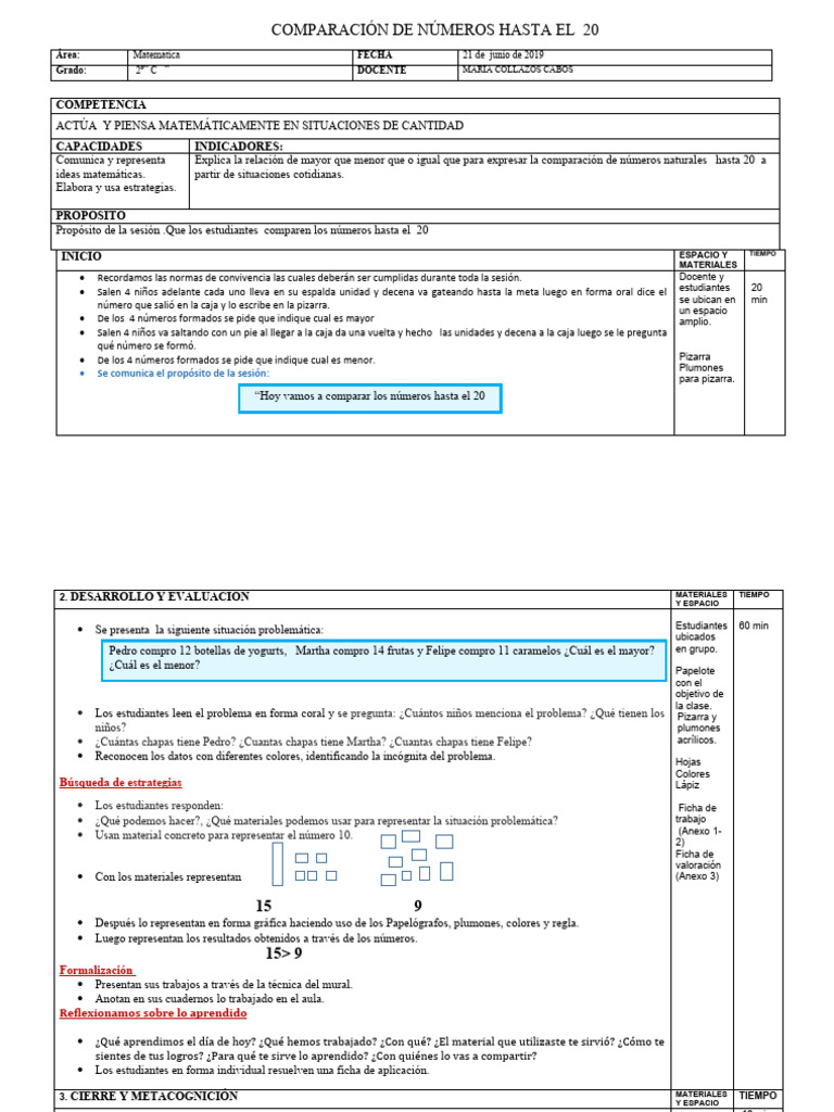 Comparación de Números Hasta El 20 | PDF