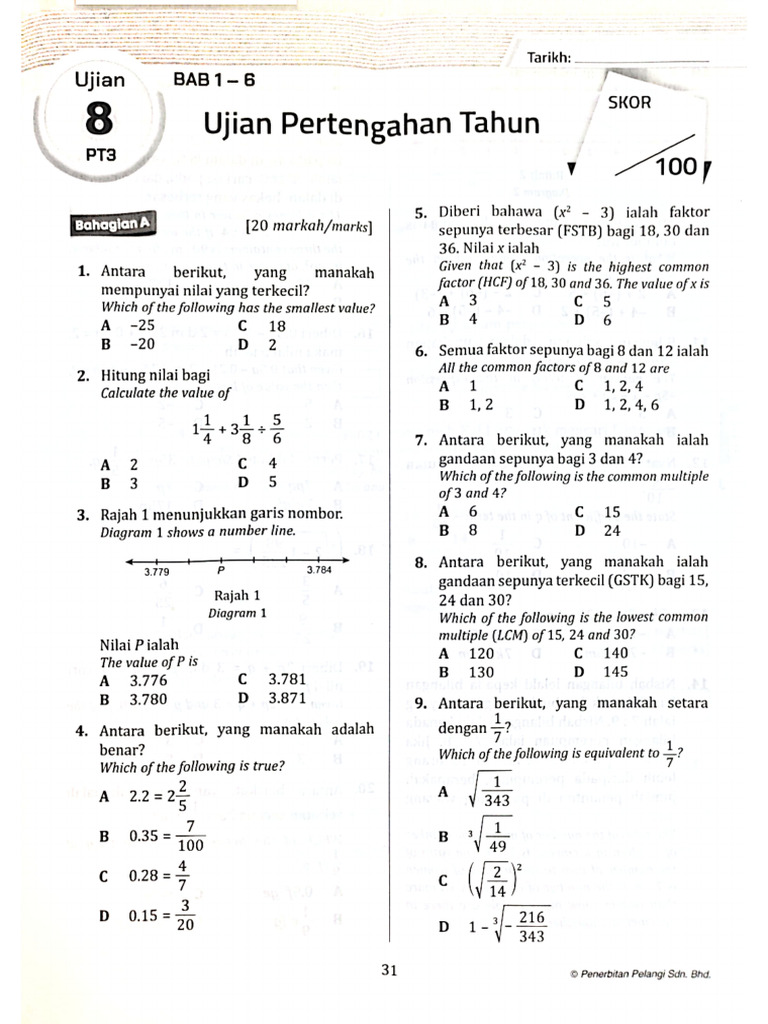 Maths F1 Get Ready PT3 Ujian Pertengahan Tahun | PDF