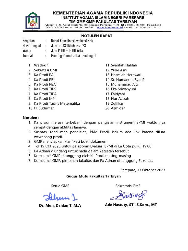 Notulen Rapat Evaluasi SPMI TGL 13 Okt 2023 | PDF