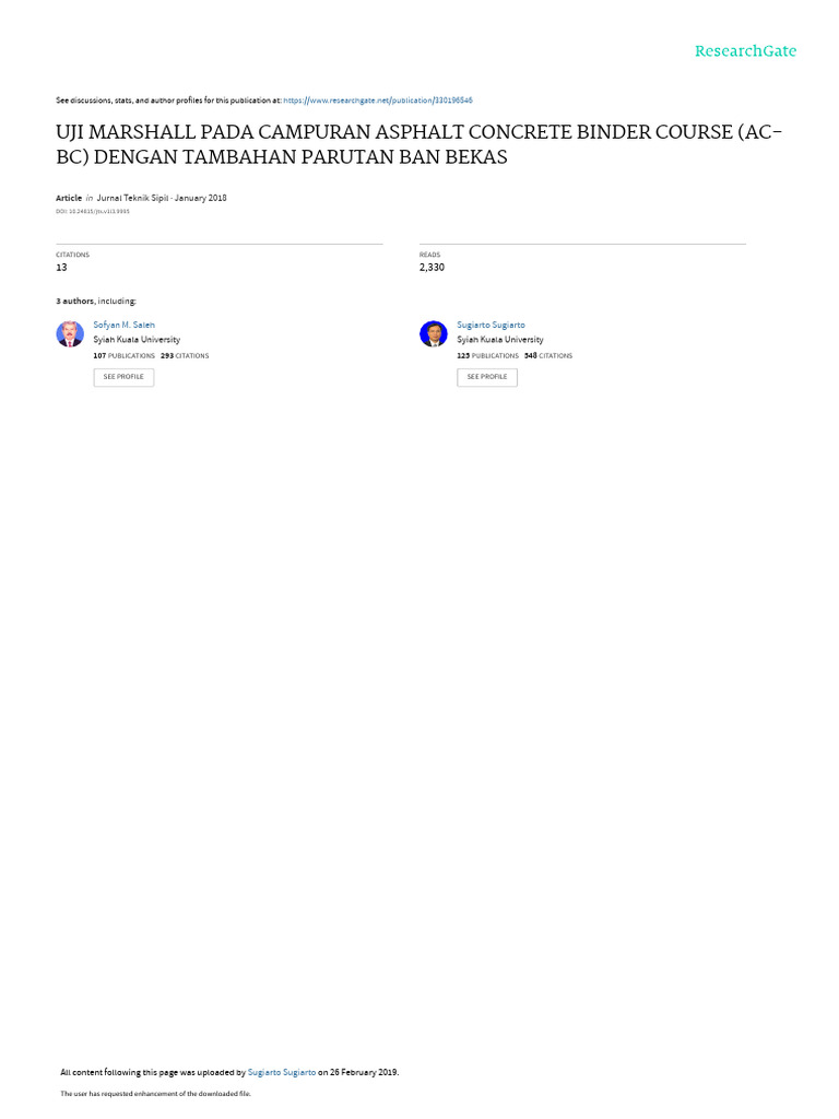 Uji Marshall Pada Campuran Asphalt Concrete Binder | PDF