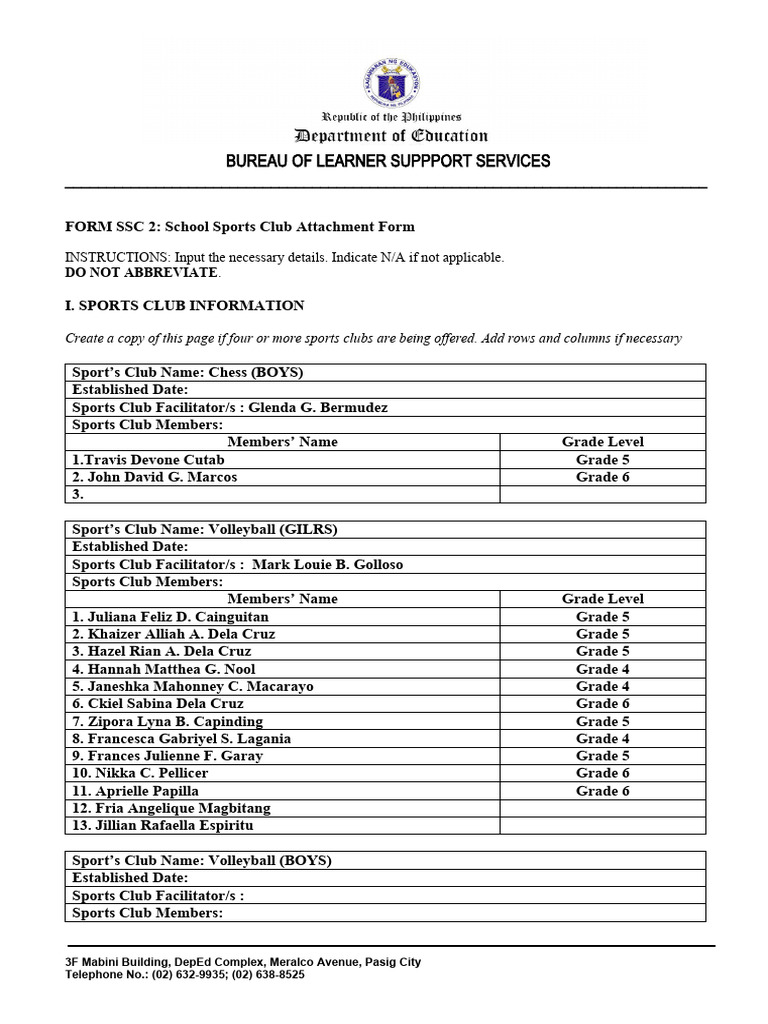 School-Sports-Club-FORM2-1 Elem | PDF | Sports | Leisure