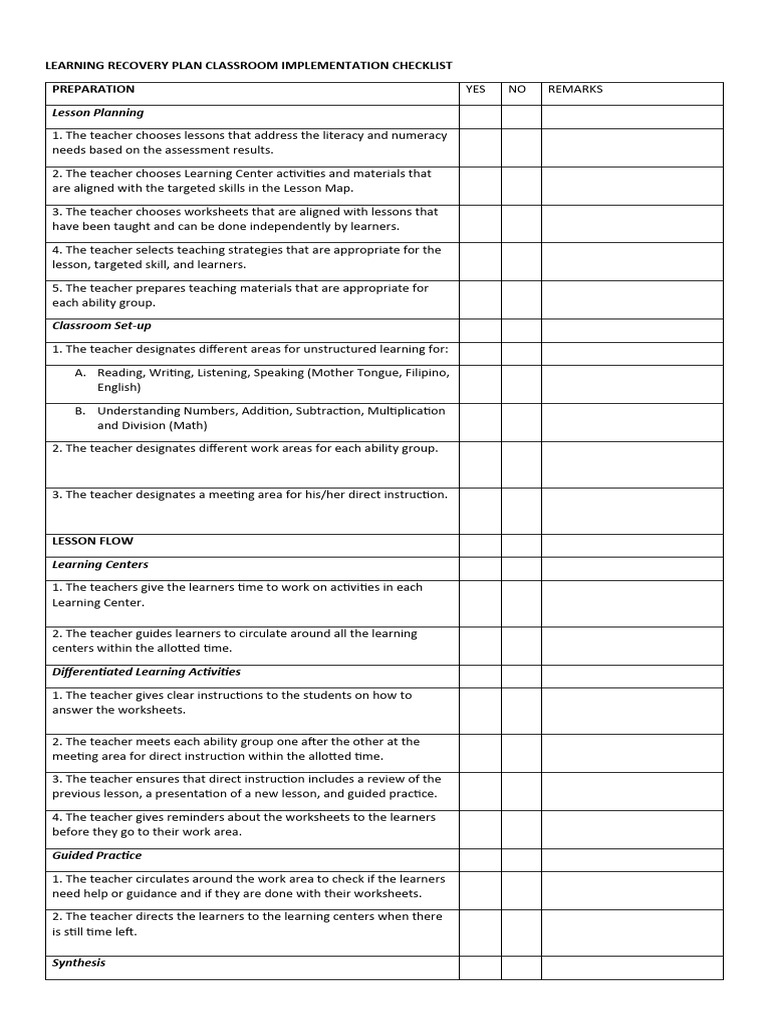 LRP - Classroom Implementation Checklist - Edited 1 | PDF