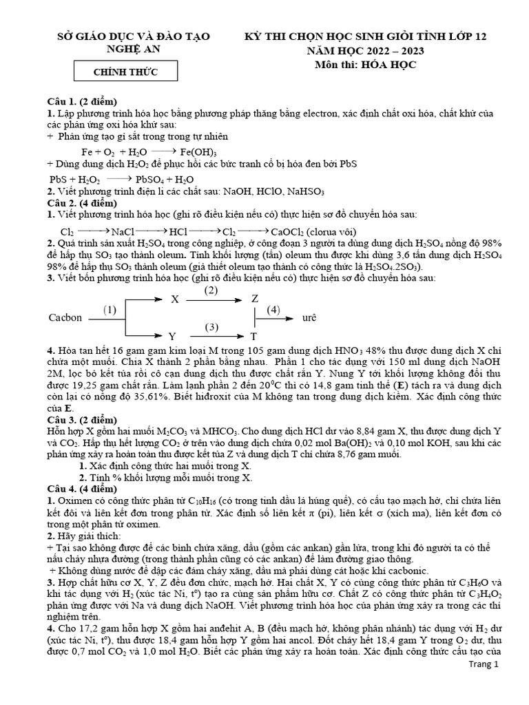 ĐỀ THI HSG HÓA 12 NGHỆ AN-2022-2023 | PDF