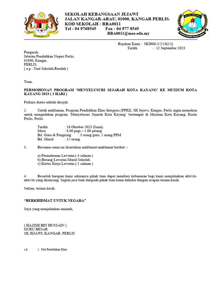 Contoh Surat Permohonan Lawatan Murid | PDF
