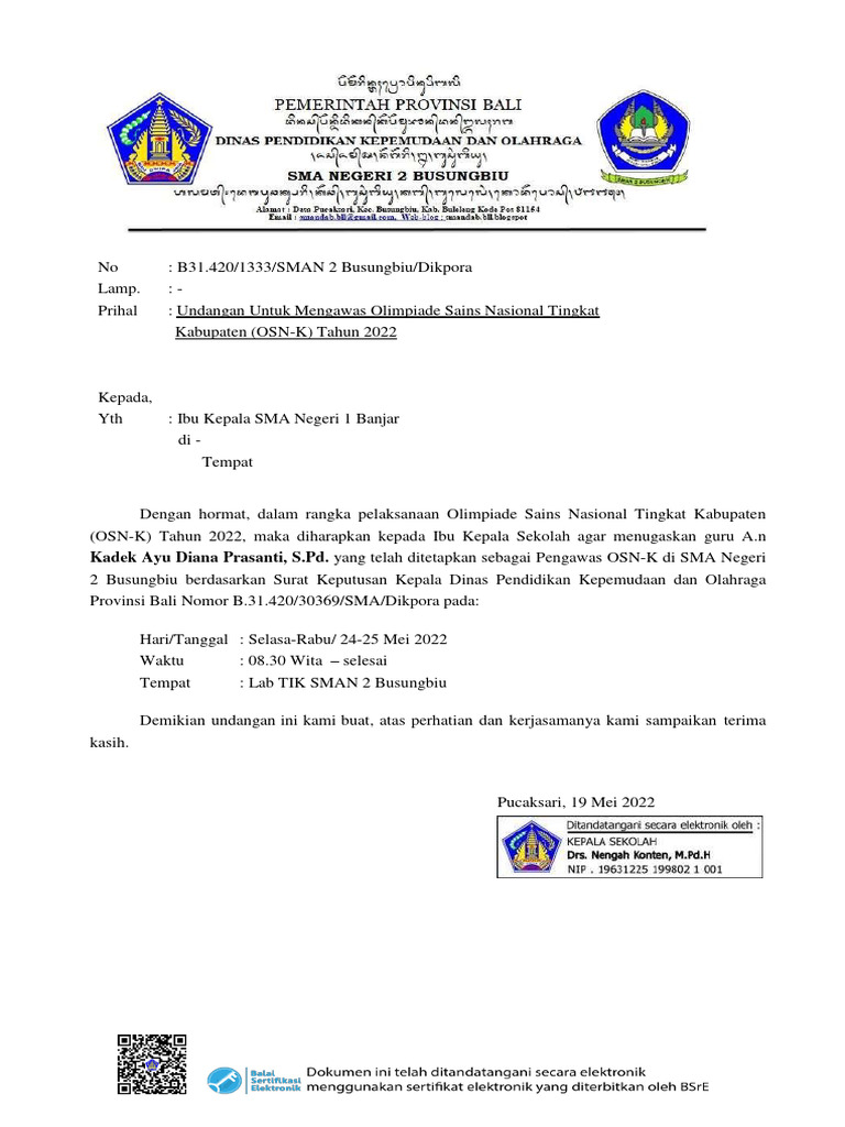 Surat Pengawas OSN-K | PDF