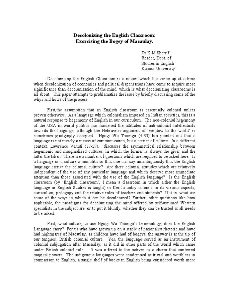 Decolonizing The English Classroom Exorcising The Bogey Of Macaulay