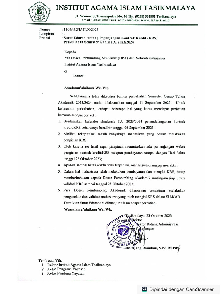Surat Edaran Perpanjangan KRS TA 2023 2024 | PDF Surat Edaran Perpanjangan KRS TA 2023 2024 | PDF