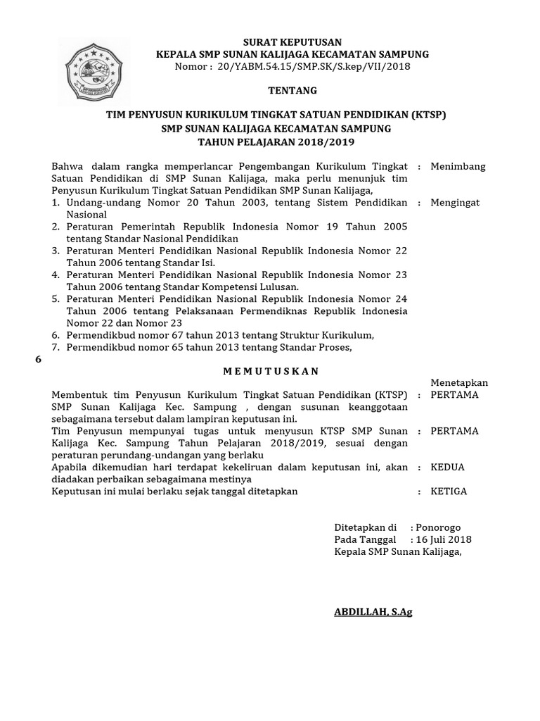 SK Tim Penyusun Kurikulum KTSP | PDF