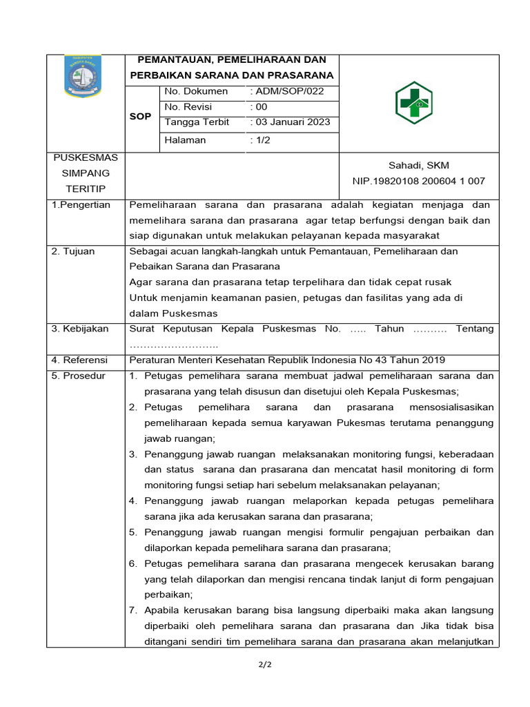 Sop Pemantauan Pemeliharaan Sarana Dan Prasarana | PDF