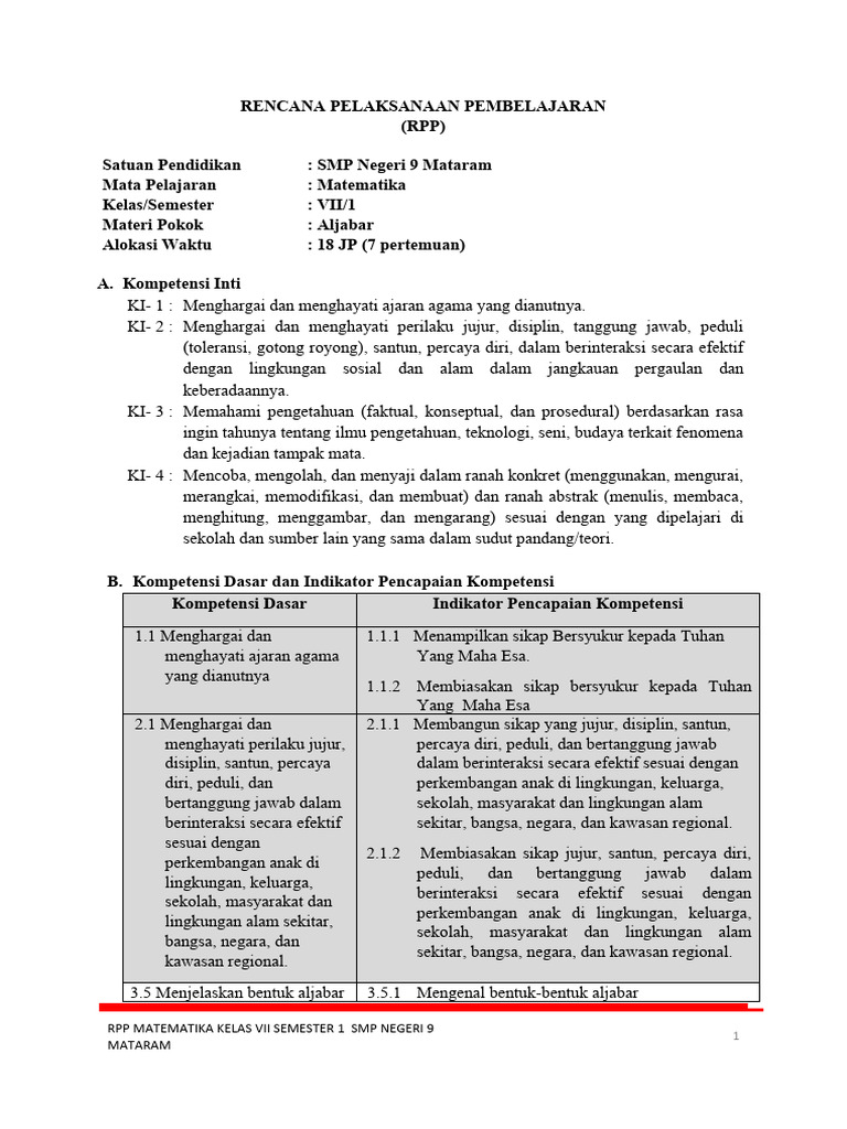RPP Bab 3 Aljabar | PDF