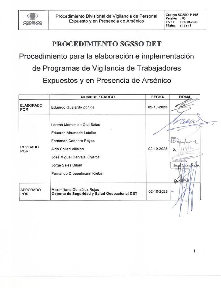 SGSSO-P-015 Procedimiento Divisional de Vigilancia Personal Expuesto y en Presencia de Arsénico ...