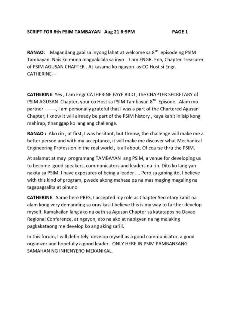 Ena & Catherine 8th Tambayan Script | PDF