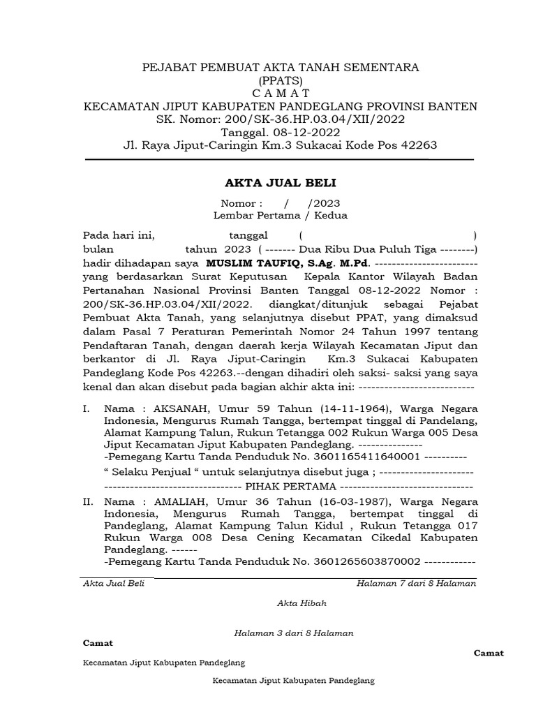 Akta Jual Beli Tanah di Jiput | PDF