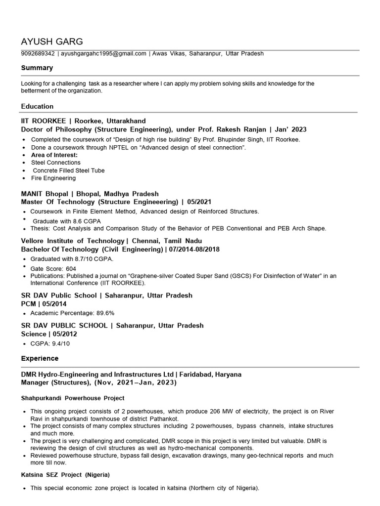 Ayush Garg Resume 2023 - R3 | PDF | Engineering | Civil Engineering