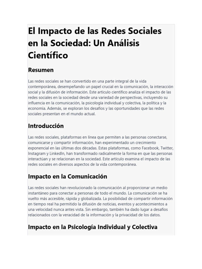 El Impacto de Las Redes Sociales en La Sociedad | PDF | Ciencias ...