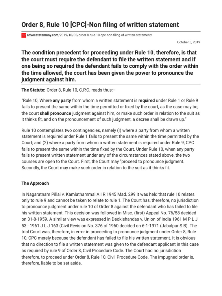 Order 8, Rule 10 (CPC) - Non Filing of Written Statement | PDF