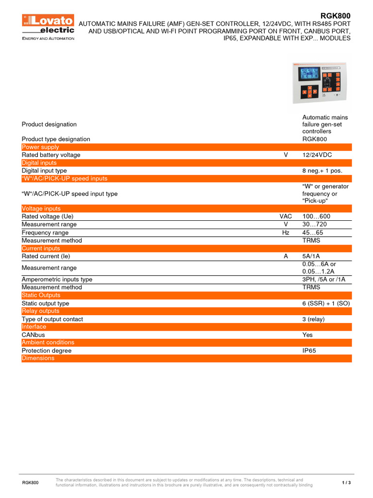 Data Sheet Module Lovato RGK800 | PDF