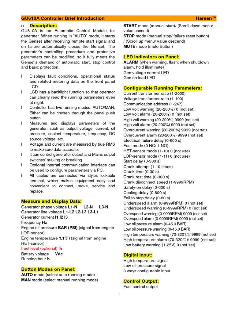 HARSEN GU610A Controller Brief Introduction Harsen™ U | PDF ...