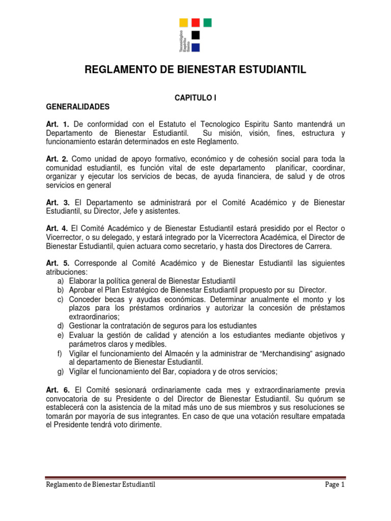 Reglamento de Bienestar Estudiantil | PDF