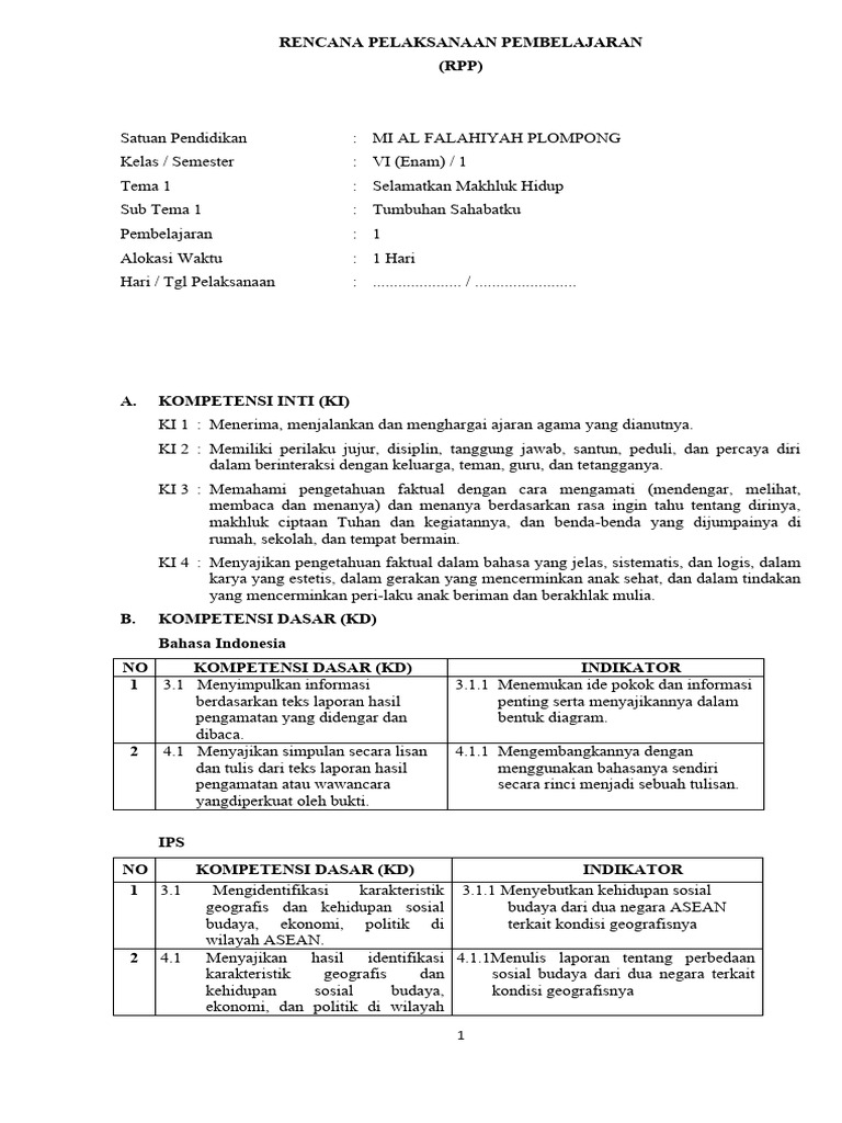 RPP Kelas 6 Tema 1 K13 Revisi 2018 - Selamatkan Makhluk Hidup | PDF