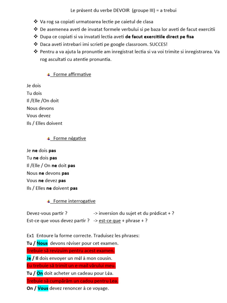 Le Present Du Verbe DEVOIR | PDF | Études des langues étrangères ...