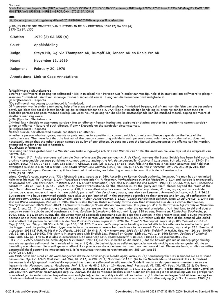 EX PARTE DIE MINISTER VAN JUSTISIE IN RE S V GROTJOHN 1970 (2) SA 355 ...