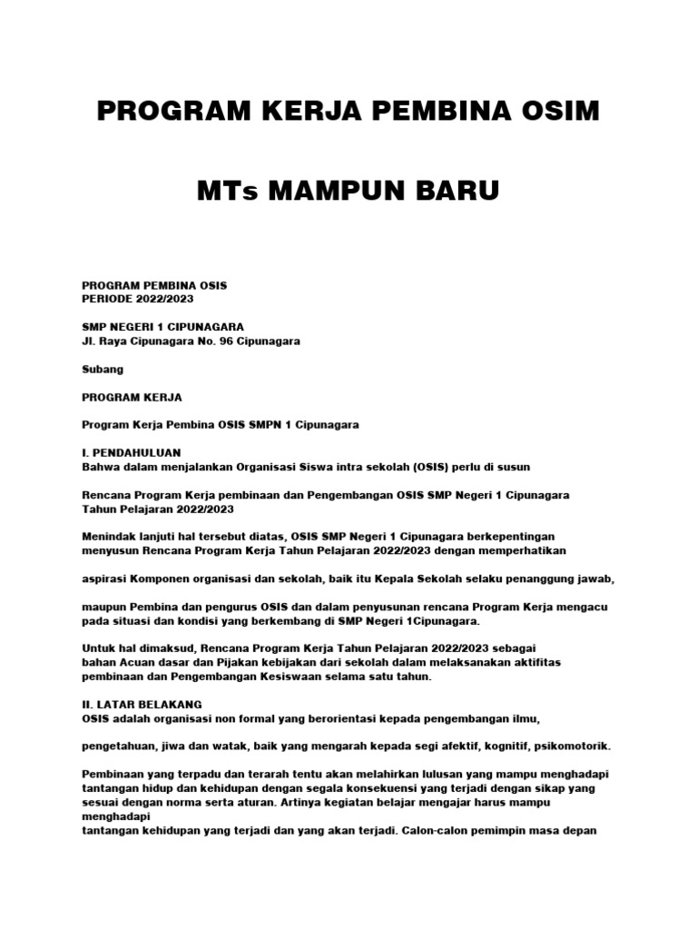 Program Kerja Pembina Osim 2023 | PDF