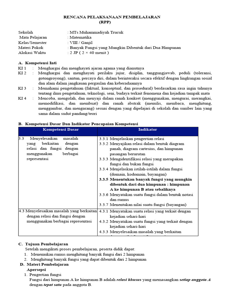 RPP Semester 1 Fungsi Dan Bukan Fungsi | PDF
