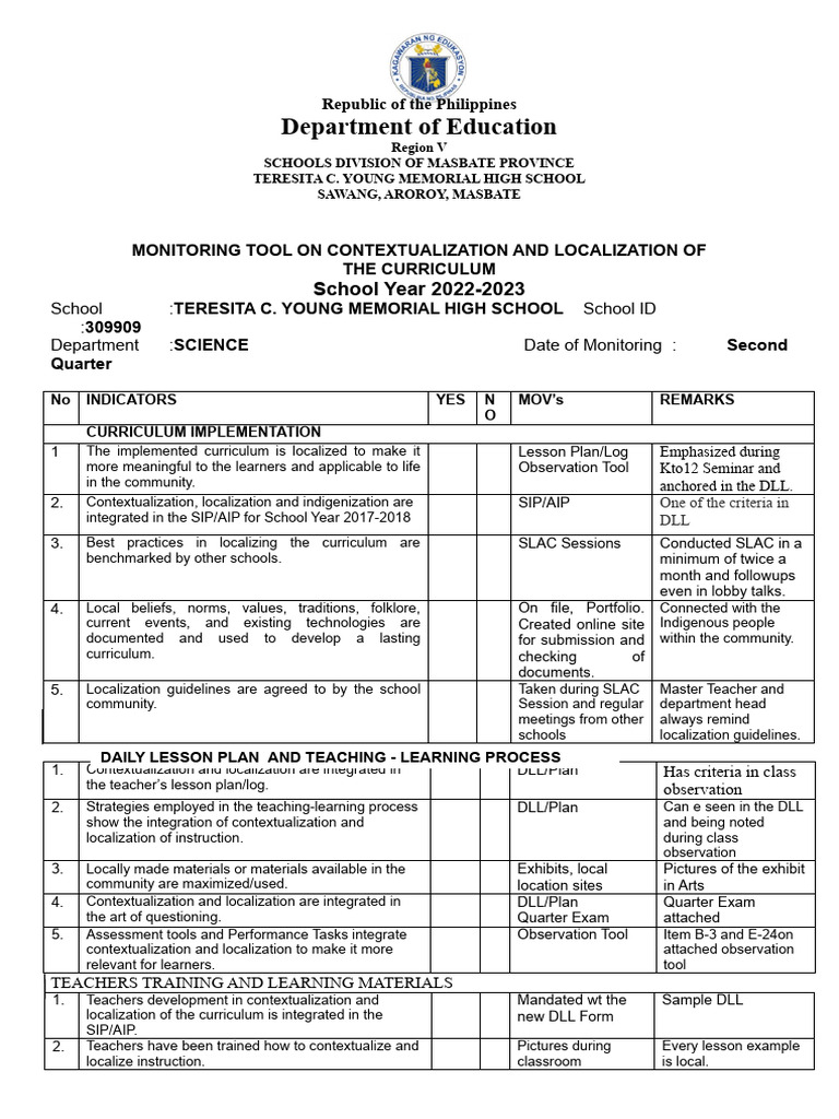 Monitoring Tool On Contextualization And Pdf Teachers Curriculum