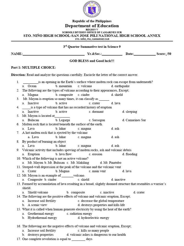 Science 9 3rd Quarter Test: Volcanoes & Climate | PDF | Volcano | Climate