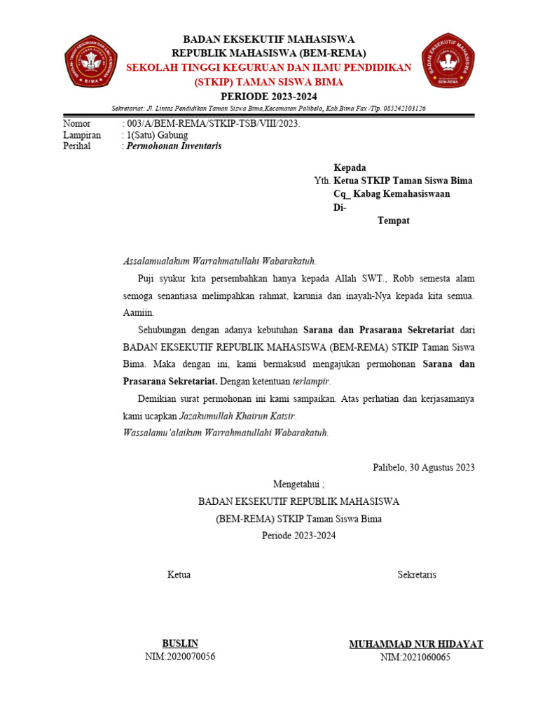 003 - Surat Permohonan Inventaris Bem | PDF