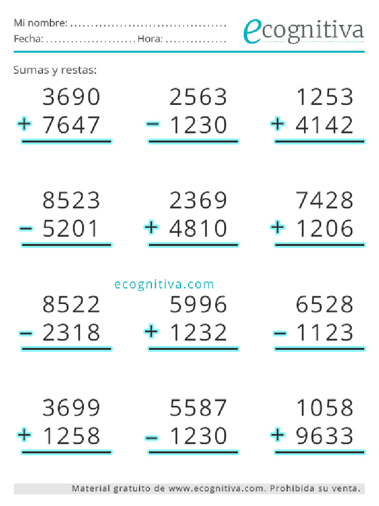 Fichas Sumas y Restas | PDF