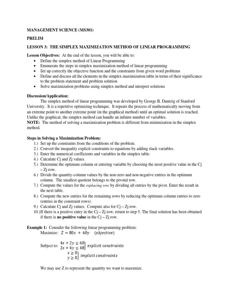 PRELIM L3 LinearProgramming SimplexMaximizationMethod | PDF