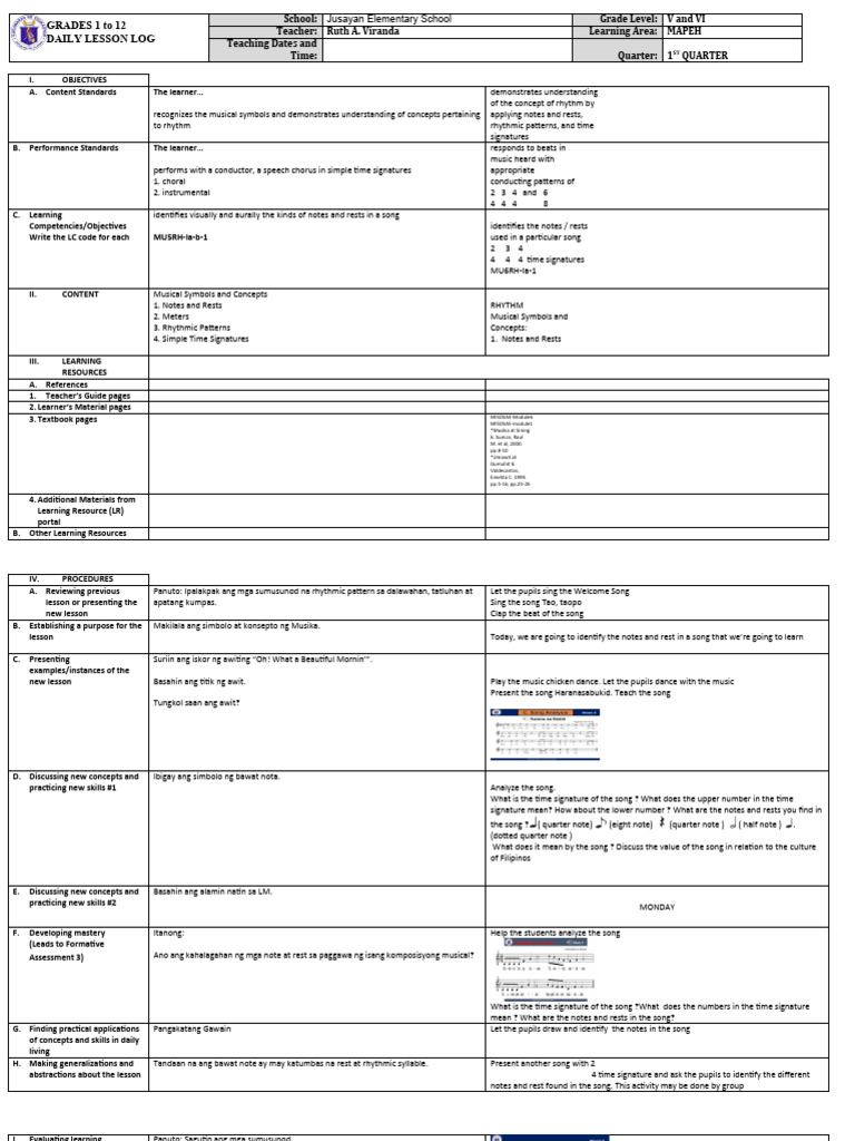 DLL Multigrade Mapeh | PDF | Rhythm | Learning
