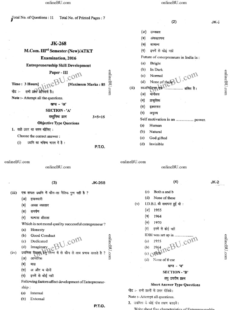 Mcom 3 Sem Entrepreneurship Skill Development 2016 | PDF