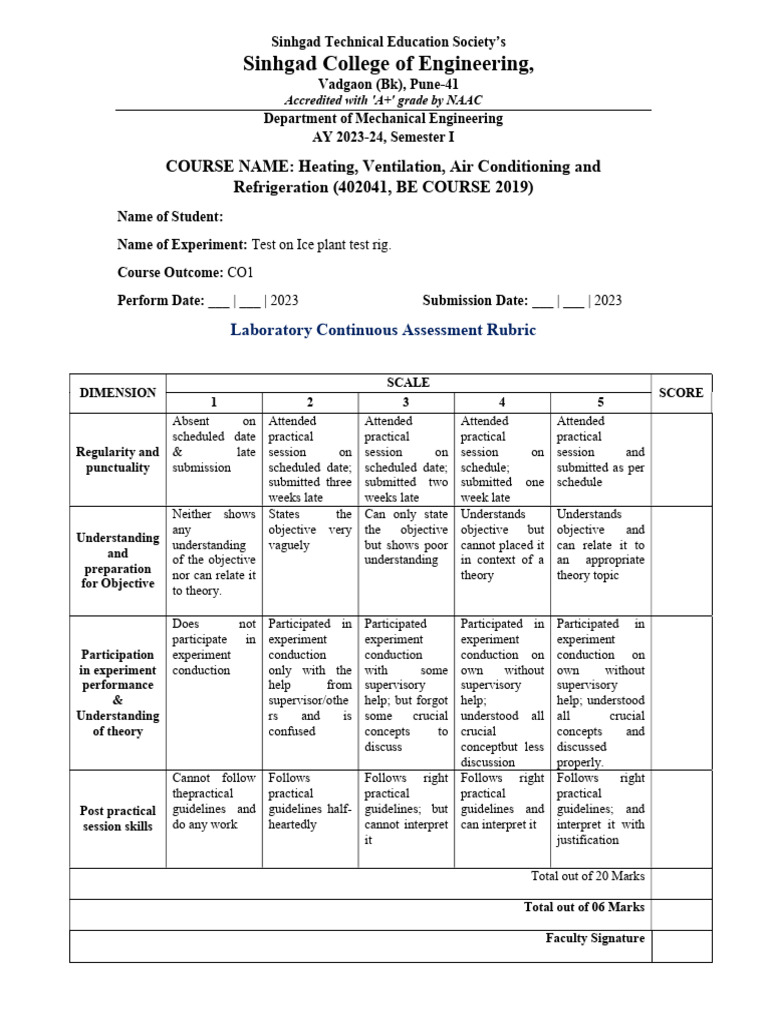 Updated Practical Rubrics HVAC&R | PDF | Experiment | Mechanical Engineering