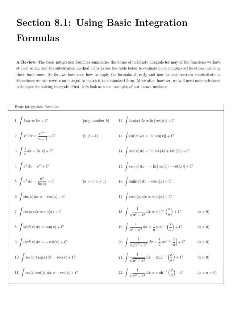 Section 8.1: Using Basic Integration Formulas | PDF | Integral ...