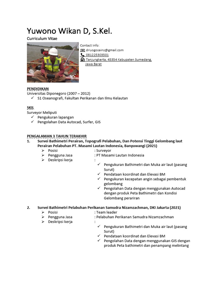 CV Yuwono Wikan: Surveyor Oseanografi | PDF | Sains & Matematika ...